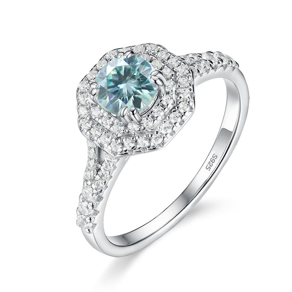 1 Carat Blue Or D Color Round Moissanite Double Halo Ring With Split ...